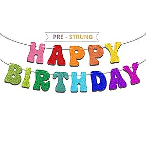 Pre-Strung Rainbow Happy Birthday Banner - NO DIY - Colorful Rainbow Birthday Party Banner Decorations, Colorful Glitter Birthday Party Garland Decor
