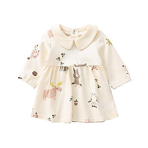pureborn Baby Girl Dress Infant Long Sleeve Peter-pan Collar Spring Fall Cotton Playwear Dresses Beige 0-3 Months