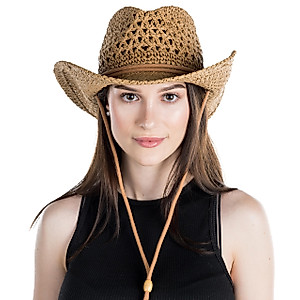 Funky Junque Women's Cowboy Hat - Bendable Brim Open Weave w/Chin Strap - Natural