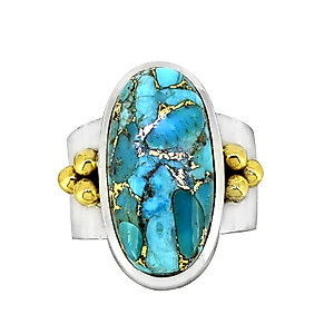 YoTreasure Blue Copper Turquoise Bold Ring .925 Sterling Silver with Brass Accents