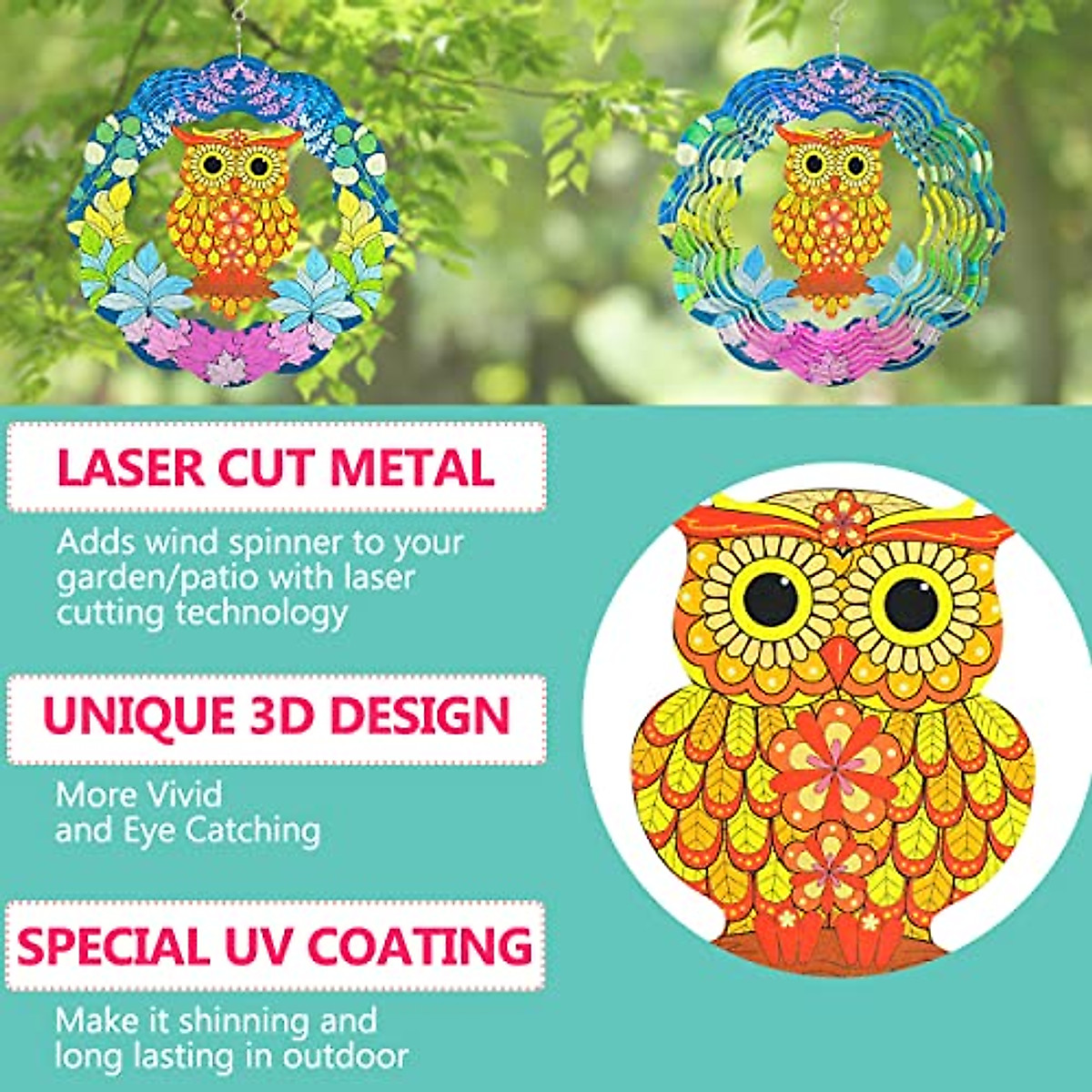 JOPESO Wind Spinners Outdoor Metal Stainless Steel 3D Hanging Wind Spinner for Yard and Garden, 9.8inch Wind Spinner Art Gifts with 360 Degree Rotating Hook