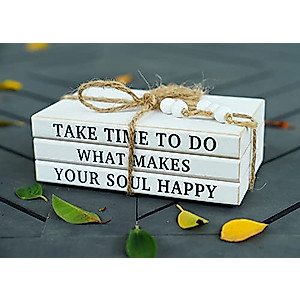 3 Pieces Wooden Decorative White Books, Rustic Farmhouse Book Stack, Faux Books for Coffee Table Shelves with Wood Bead Tassels and Leaves, for Modern Home Decor, 7'x 4.6'x 2.5'