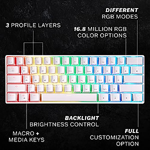 Mizar MZ60 Luna Mechanical Gaming Keyboard | 60% Keyboard 62 Key ANSI US Layout | RGB LED Backlit | Anti Ghosting NKRO | Progammable Macro Keys | Hotswap Gateron Optical Blue Switches | White