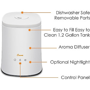 Crane Diffuser and Top Fill Ultrasonic Air Humidifiers for Bedroom and Office, 1.2 Gallon Cool Mist Humidifier for Large Room and Home, No Humidifier Filters Needed, White