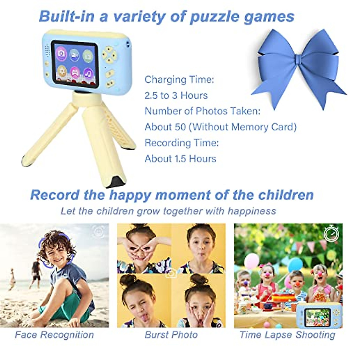Jeanoko Kids Camera Dual Camera USB Charging Cartoon Kids Selfie Camera Inbuilt Puzzle Games with USB Cable Bracket User Manual for Home Outdoor Use