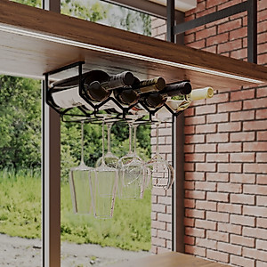 Wallniture Piccola Under Cabinet Wine Rack & Glasses Holder Kitchen Organization with 4 Bottle Organizer Metal Black