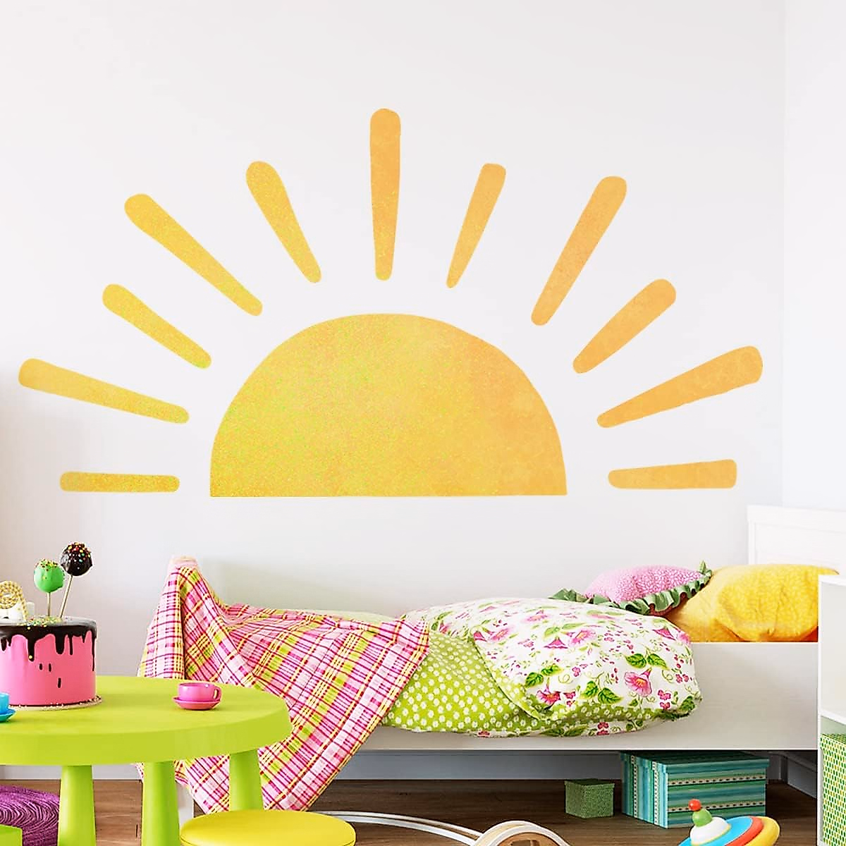 45.6x23.8 Inch Boho Half Sun Wall Decals Removable Sunshine Wall Sticker Vinyl Peel and Stick Half Sun Decals Wall Art for Girls Kids Bedroom Nursery Playroom Decor