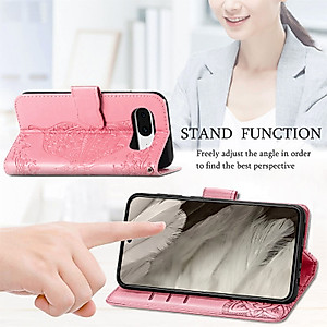 COTDINFOR Wallet Case for Google Pixel 8 Case Crystal Glitter Bling with Card Holder Stand Leather Flip Wallet Phone Case Diamond Butterfly Protective Case for Google Pixel 8 Crystal Pink