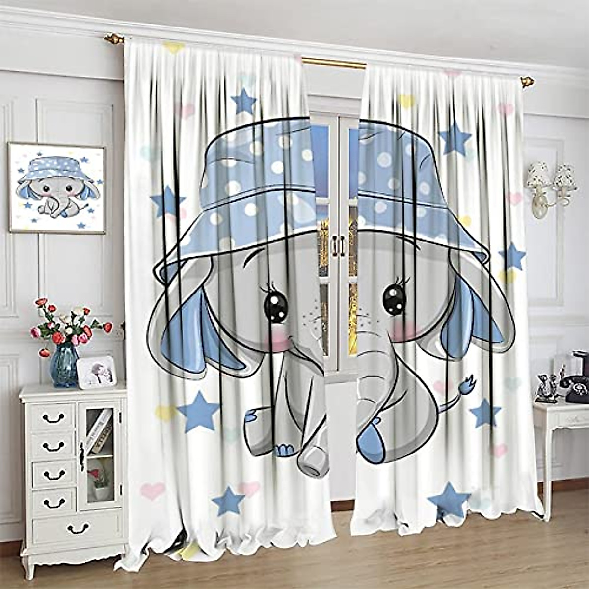 Denruny Cartoon Cute Elephant Curtain Nursery Baby Elephant with Blue Hat Windows Drapes for Nursery Room Kids Room Gifts for Boys and Girls Rod Pocket 2 Panels 63L x 21W