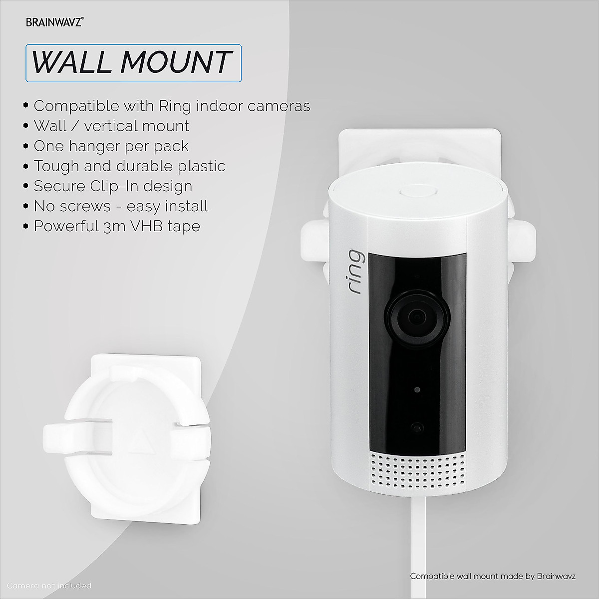 BRAINWAVZ [EOL] Screwless Wall Mount for Ring Indoor Cam, VHB Stick On - Easy to Install, No Tools Needed, No Mess, No Drilling, Strong Adhesive Mount, White [EOL]