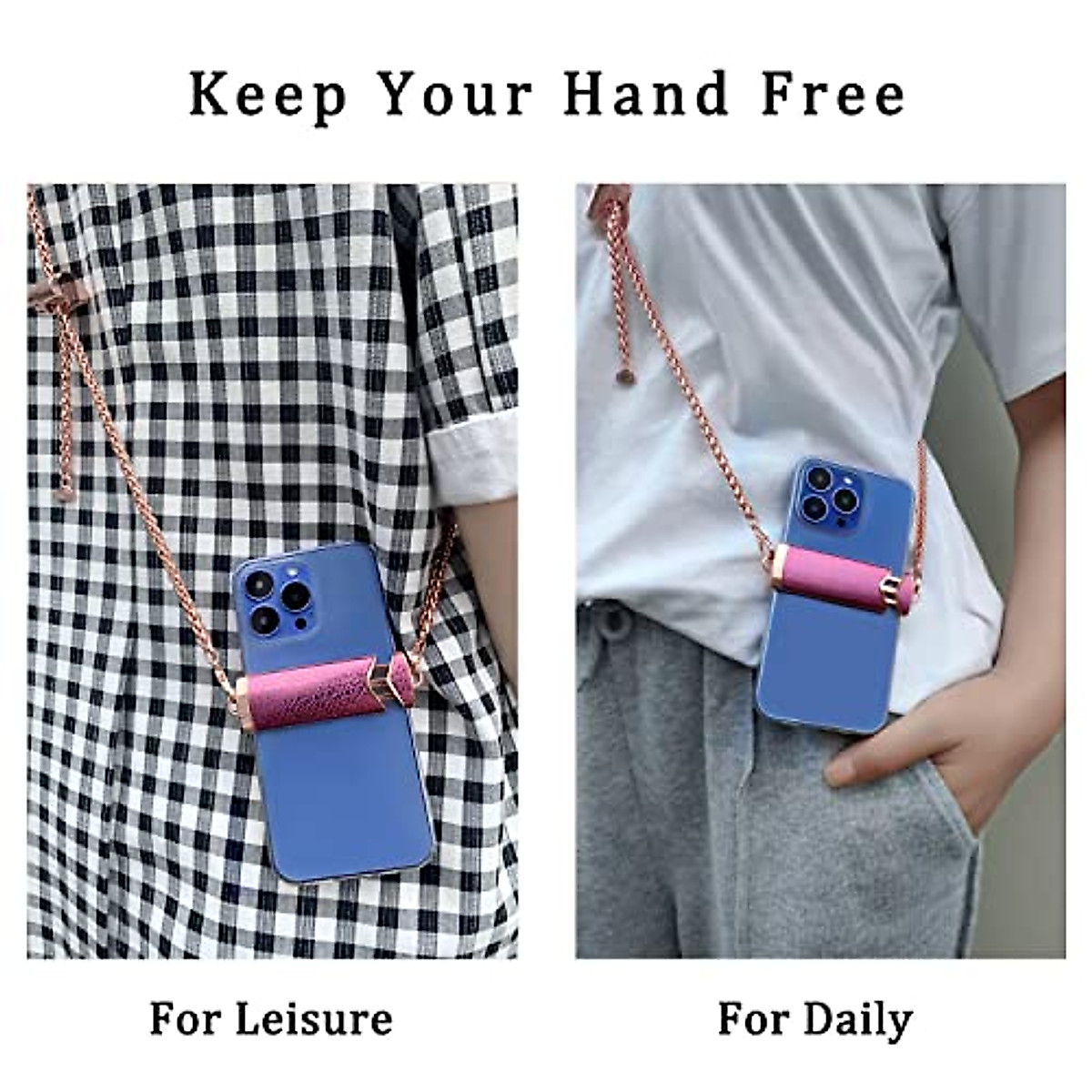 HIFIT Mobile Phone Crossbody Chain & Back Clip, Compatible with All Smart Phones, Functional Alloy Chain Phone Lanyard Adjustable Perfect for Girls & Ladies for Traveling, Leisure (Pink)