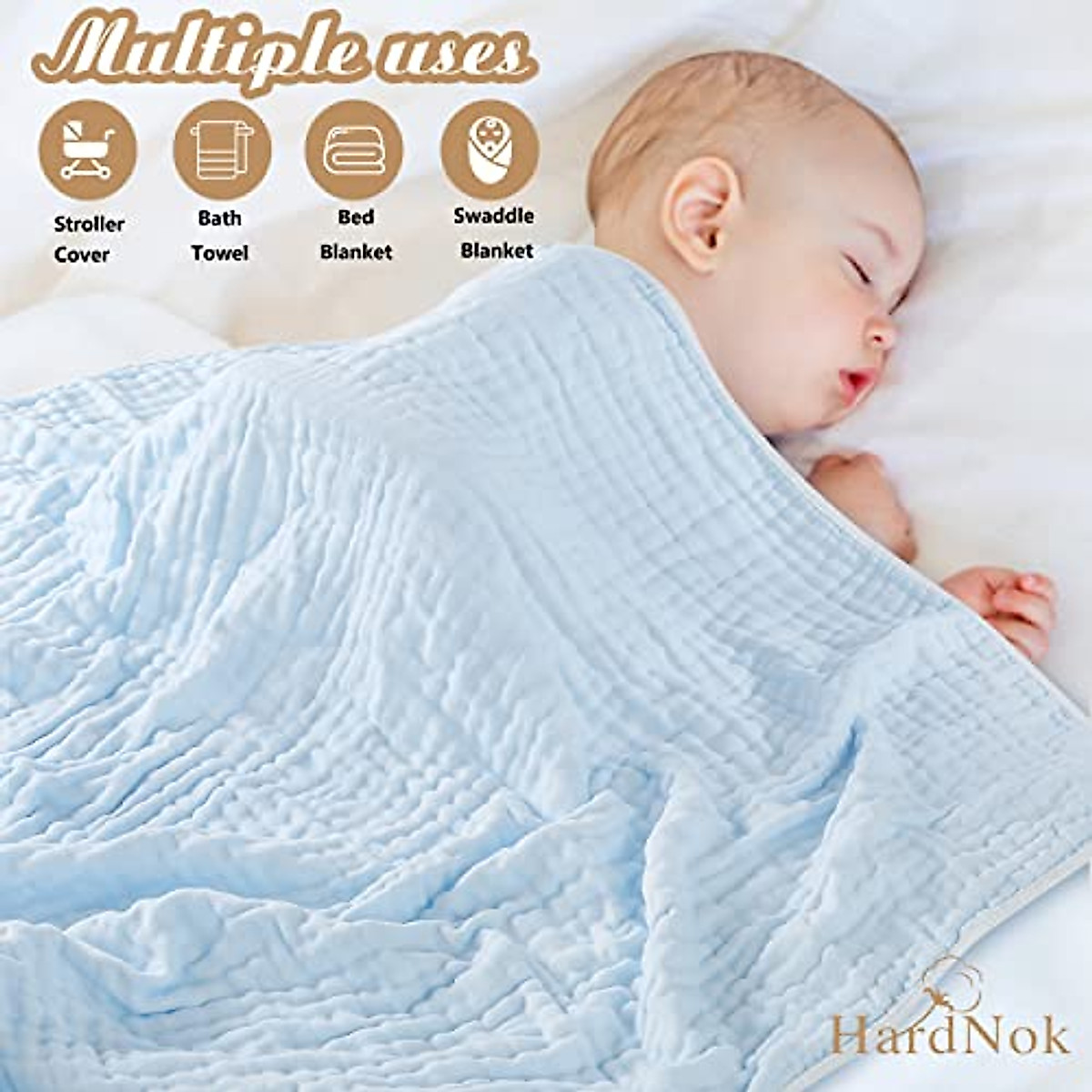 HardNok Muslin Baby Blanket for Newborn 6 Layer Pure Cotton Receiving Blankets, Breathable and Lightweight, Super Soft Multi-use Blanket for Boys and Girls in All Seasons. (Blue)