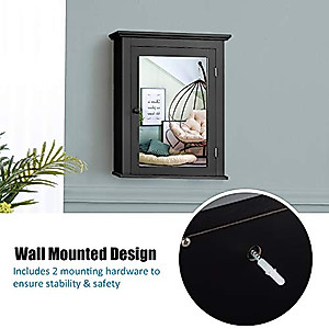 Tangkula Bathroom Cabinet with Mirror, Mirrored Wall-Mounted Storage Medicine Cabinet with Single Door & Adjustable Shelf in 5 Positions, Multipurpose Wall Cabinet for Bathroom Vestibule (Black)