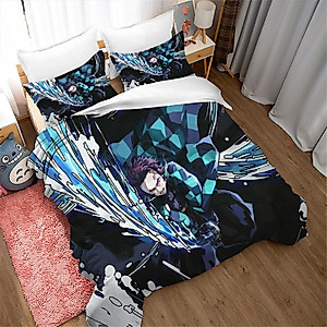 NICHIYOBI Devil Slayer Anime Tanjirou Duvet Cover Set 3D Bedding Comforter Cover 3 Pcs (1 Duvet Cover+2 Pillowcases) Bedding Set (01,Queen-90x90in+20x30in*2)