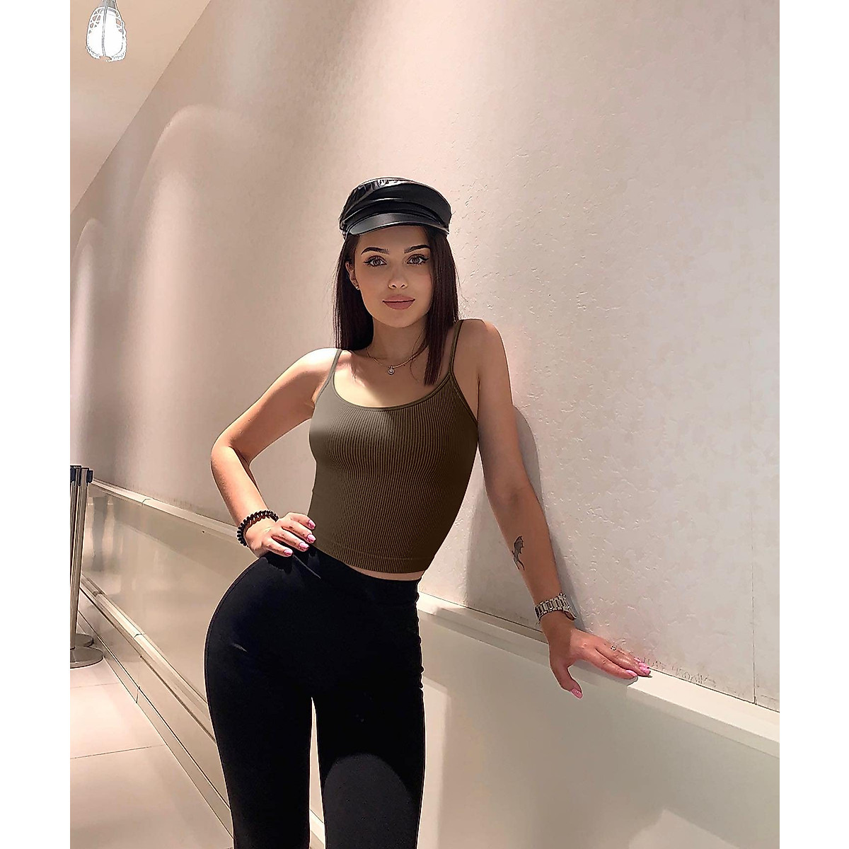 OQQ Women's 3 Piece Tank Tops Ribbed Adjustable Spaghetti Strips Workout Shirts Yoga Crop Tops Black Coffee Beige