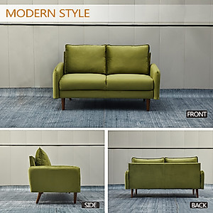 INSTORY Velvet Loveseat Mid-Century Modern Sofa Tufted Couch with Wooden Legs for Living Room - Army Green