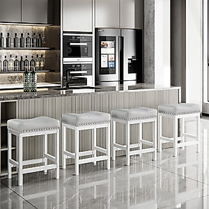 OUllUO Gray White Bar Stools Set of 2, Counter Height Bar Stools, Saddle Barstools, Pu Leather Stools with Metal Frame for Kitchen Island, 918P-NG