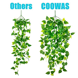 COOWAS 2pcs Artificial Hanging Plants 3.2 Feet Fake Ivy Vine Leaves Greenery for Wedding Party Outdoor Garden Office Home Kitchen Bedroom Wall Decor (Basket Includes)