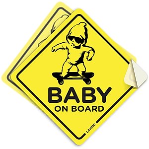 LAVMO Baby On Board Sticker For Cars (2 Pcs) - Bright Yellow Reflective Safety Signs - 5"x5" Funny and Cute Safety Caution Decal Sign for Window and Bumper - No Need for Suction Cups and Magnets