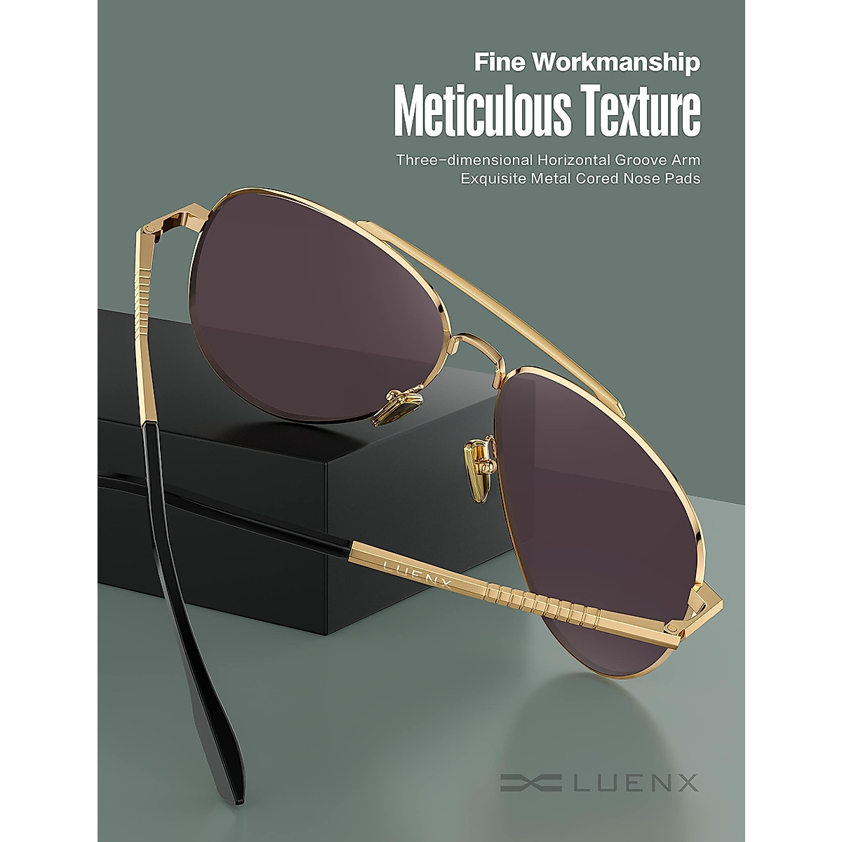 LUENX Men Aviator Sunglasses Polarized Womens Mirror Green Lens Metal Gold Frame Driving Shades Classic Style