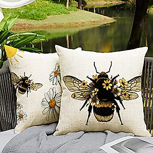 HUASHUZI Outdoor Waterproof Throw Pillow Covers Bee Cushions Pillows Case 18x18 Inch Set of 4 Patio Furniture Pillows Decorative for Home Garden Sofa Couch