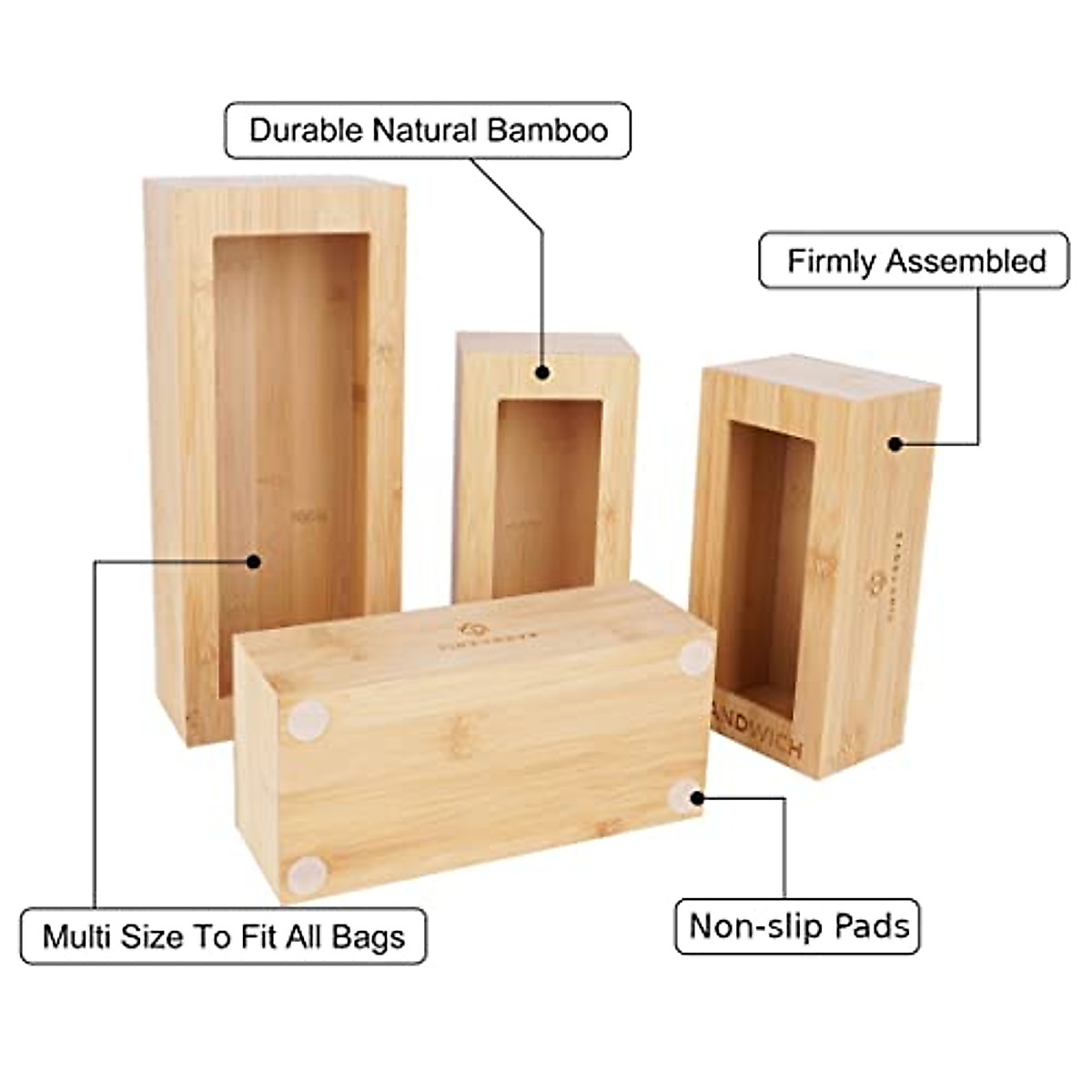 Set of 4 Bamboo Food Storage Bag Organizer with Non-Slip Pads for Gallon, Quart, Sandwich, Snack, Zipper and Slider Bags, Kitchen Drawer Organizer for Ziploc, Glad, Solimo, 365 by WFM, Hefty