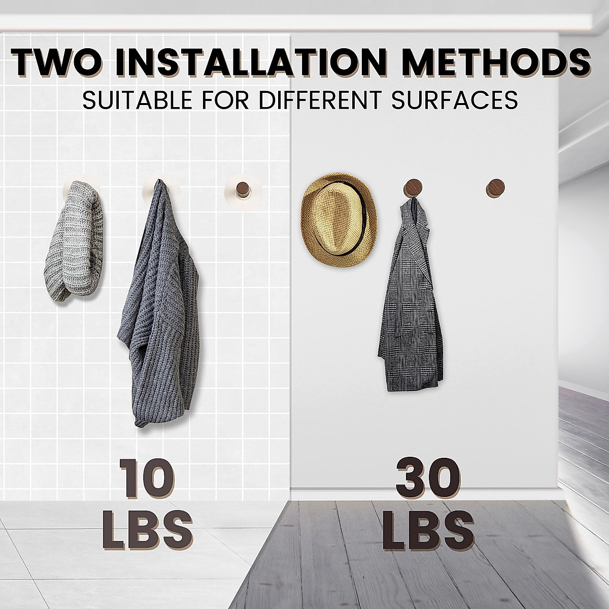 HYBDAMAI Natural Wooden Wall Mounted Hooks (2 Ways,Walnut,6 Packs), Single Coat Hat Rack Wall Mount,for Hanging Coat Towel Cap Bag Purses Jacket Backpack