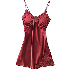 Aniywn Sexy Sleepwear Women's Spaghetti Strap Lace Trim Satin Full Slip Dress Lingerie Chemise Nightgowns Babydoll Dress Wine