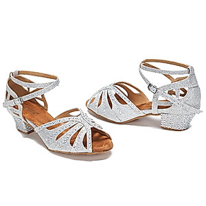 TTdancewear Rhinestone Dance Shoes for Women Low Heel Ballroom Dance Shoes Salsa Latin Practice Dancing Shoes Cuban Heels 1.5"(8.5,Silver)