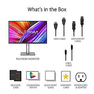 ASUS ProArt Display 27” 4K HDR Professional Monitor (PA279CRV) - IPS, UHD (3840 x 2160), 99% DCI-P3/Adobe RGB, ΔE < 2, Calman Verified, USB-C PD 96W, DisplayPort, Daisy-Chain, Height Adjustable
