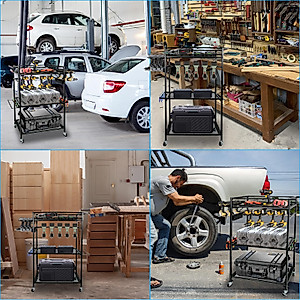 AQNIEGEP Power Tool Organizer Cart with 3 Charging Station, Garage Rolling Tool Storage Cart, Mobile Tool Cart with Wheels, Garage Workshop Gift Ideas for Dad Men Black