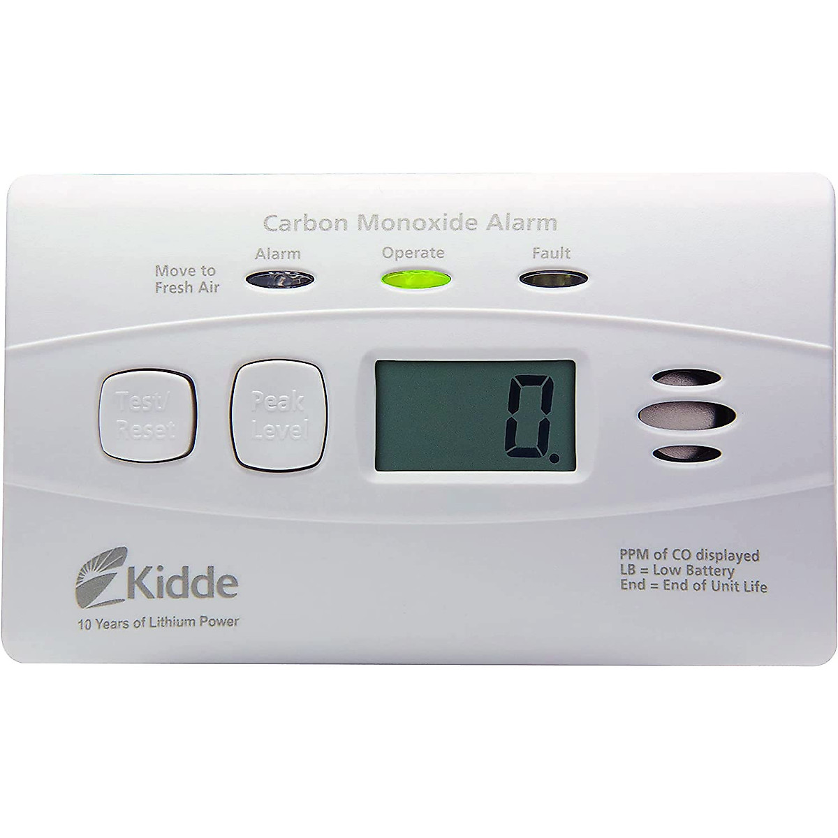 Kidde Carbon Monoxide Detector with 10-Year Battery, Digital Display, 3 LEDs, Replacement Indicator, Peak Level Memory