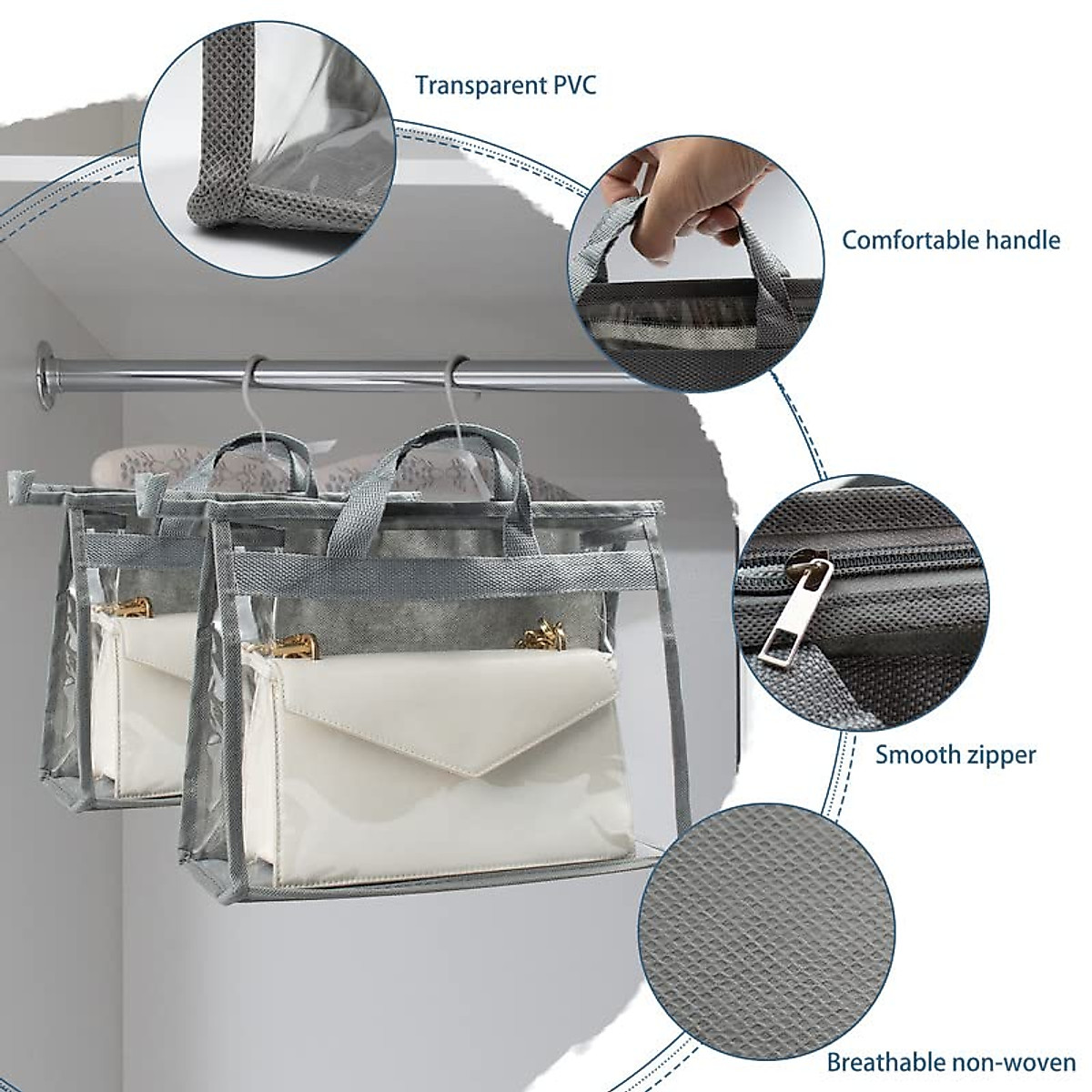 5 Sizes Clear Handbag Storage Organizer with Cozy Handle and Smooth Zipper, KMOTASUO Anti-dust Handbag Dust Cover Bag, Space-Saving Purse Storage Bag Organizer for Closet (Grey)