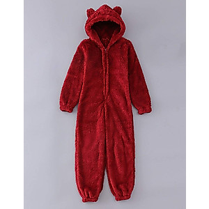 chouyatou Women's Ultra Comfy Lounge Furry Sherpa Romper Onesie Pajamas Cute Ear Hood (Medium, Red)