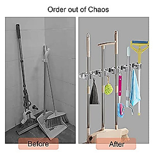 Mop and Broom Holder Wall Mount, Broom Hanger Wall Mount , 17" Mop Holder Stainless Steel with 5 Rack 4 Hooks for Home, Kitchen, Laundry Room, Garage, Garden, Bathroom, and 1 hook Separated included
