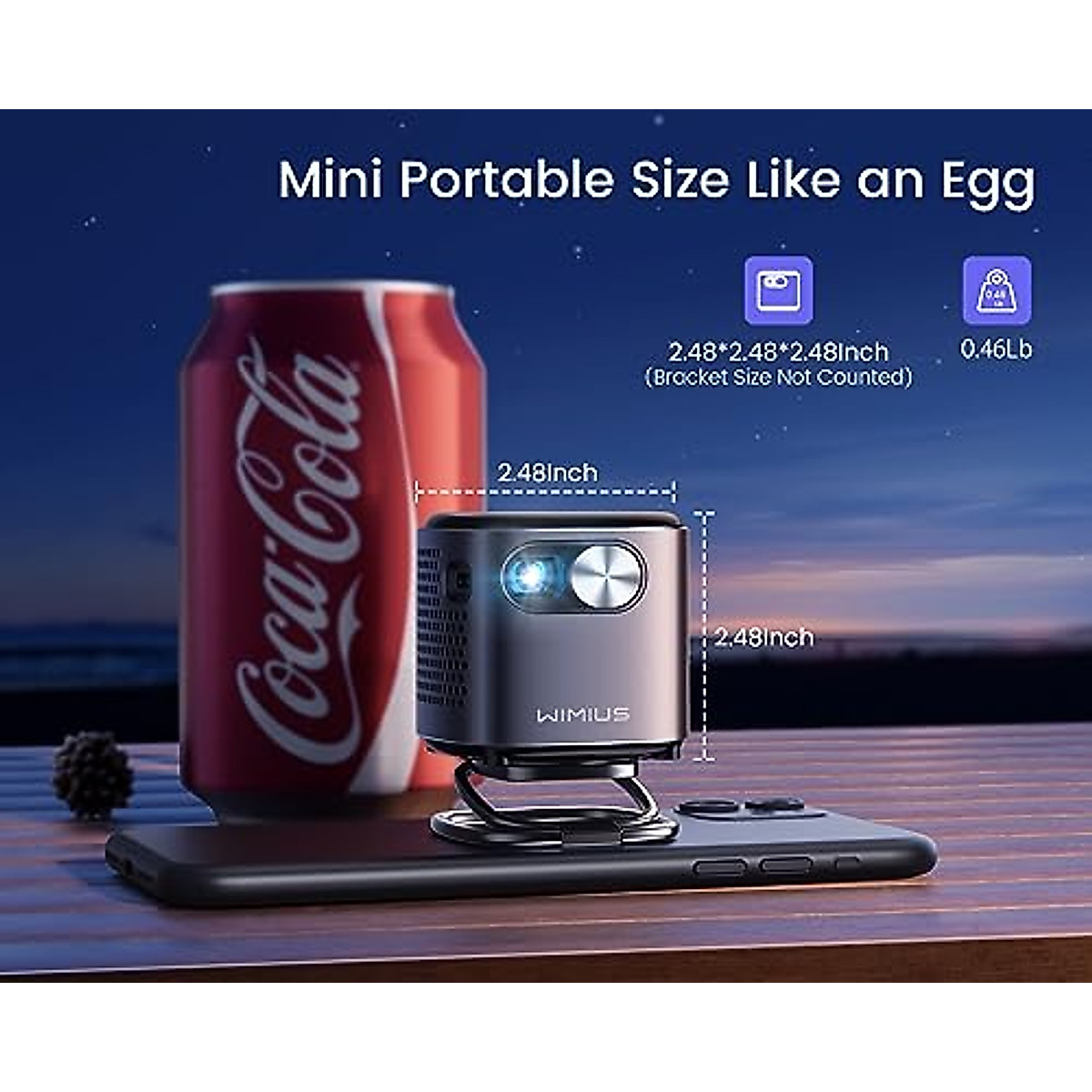 Mini Projector with Android TV, DLP and Rechargeable Battery, WiMiUS Pico Pocket Portable Projector with WiFi Bluetooth, 360°Speaker, 1080P Support, Wireless Smart Outdoor Projector for Phone/HDMI/USB