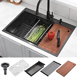 33 Drop In Black Workstation Kitchen Sink, Luckyhorse 33x22 16 Gauge Gunmetal Black Stainless Steel Sink Drop In Workstation Kitchen Sink LH007SB