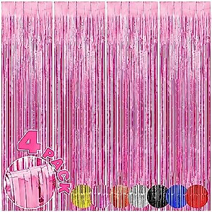 4-Pack Backdrop for Party Decorations, Foil Fringe Backdrop Curtains, Tinsel Streamers for Birthday Party Decorations, Pink Backdrop Curtains for Girl Graduation Unicorn Mermaid Disco Princess Parties