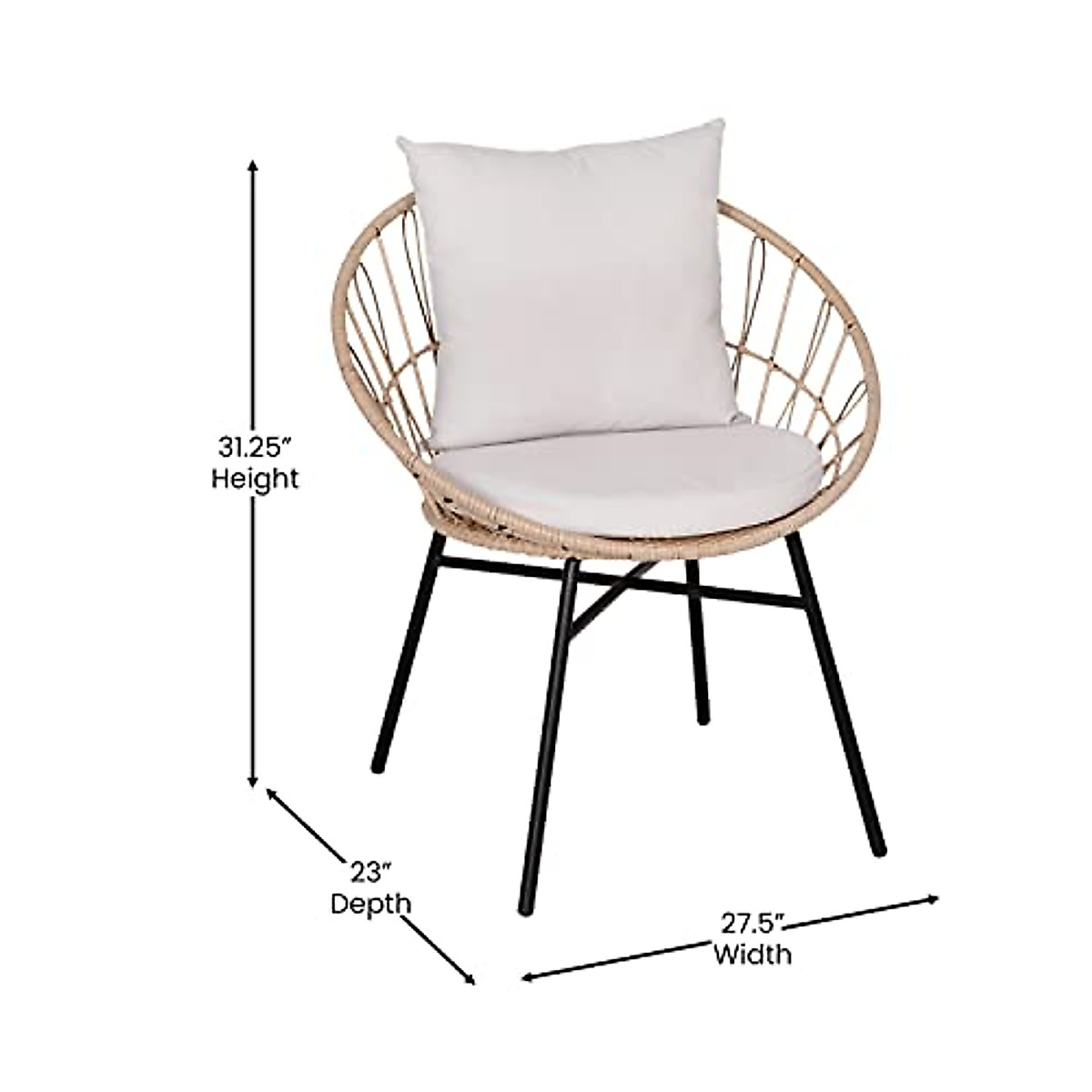 Flash Furniture Devon Indoor/Outdoor Bistro Set - Tan Finish Rattan Rope Papasan Style Chairs and Glass Top Side Table - Light Gray Back and Seat Cushions, 15.75x15.75x25, 3-Piece
