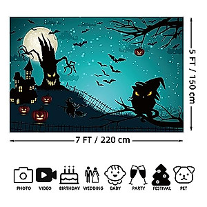 MOONDECO Photography Backdrop 7x5ft Halloween Party Props Black Tree Spider Owl Shadow Background Kids Pumpkin Lamp Ghost Fire Fly Bat Photo Booth
