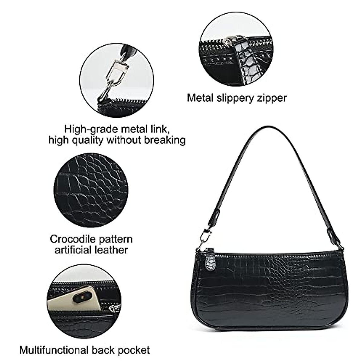 Retro Classic Clutch Bag for Women, Crocodile Leather Underarm Bag Small Purse with Ribbon, Zipper Closure, #1 Black