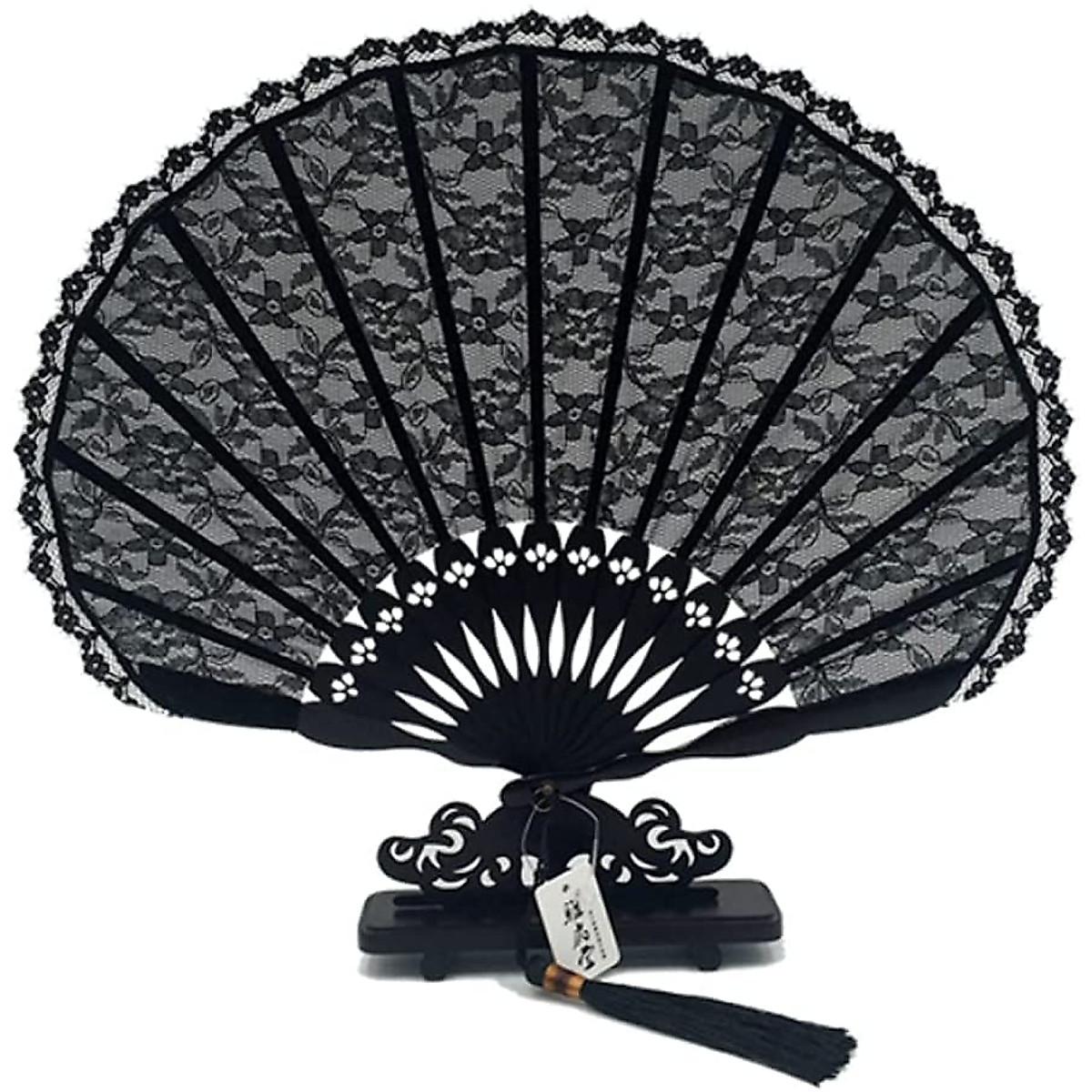 Folding Hand Fan Folding Fan Handheld Folded Fan Black Embroidery Shell-Shaped Lace Cheongsam Folding Fan Dance Ancient Style Small Round Fan Foldable Fan Hand Held Fans (Color : B, Size : 22cm)