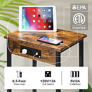 melos Nightstands with Charging Station, 2 Tier Bedside Table with USB Ports and Outlets, Narrow End Table with Storage Shelf, Side Tables for Bedroom, Living Room, Rustic Brown