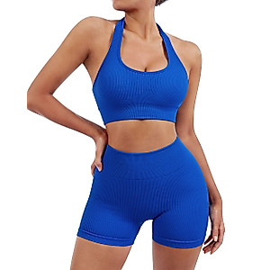 SUUKSESS Women Two Piece Seamless Ribbed Workout Sets Outfits Backless Halter Sports Bra Booty Biker Shorts (Royal Blue, M)