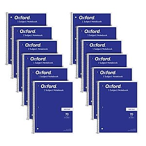 Oxford Spiral Notebook 12 Pack, Bulk College Ruled Spiral Notebooks for School, 1 Subject Journal For School, Wide Ruled Paper, 8 x 10-1/2 Inch, Blue Covers, 70 Perforated Lined Sheets (65218)