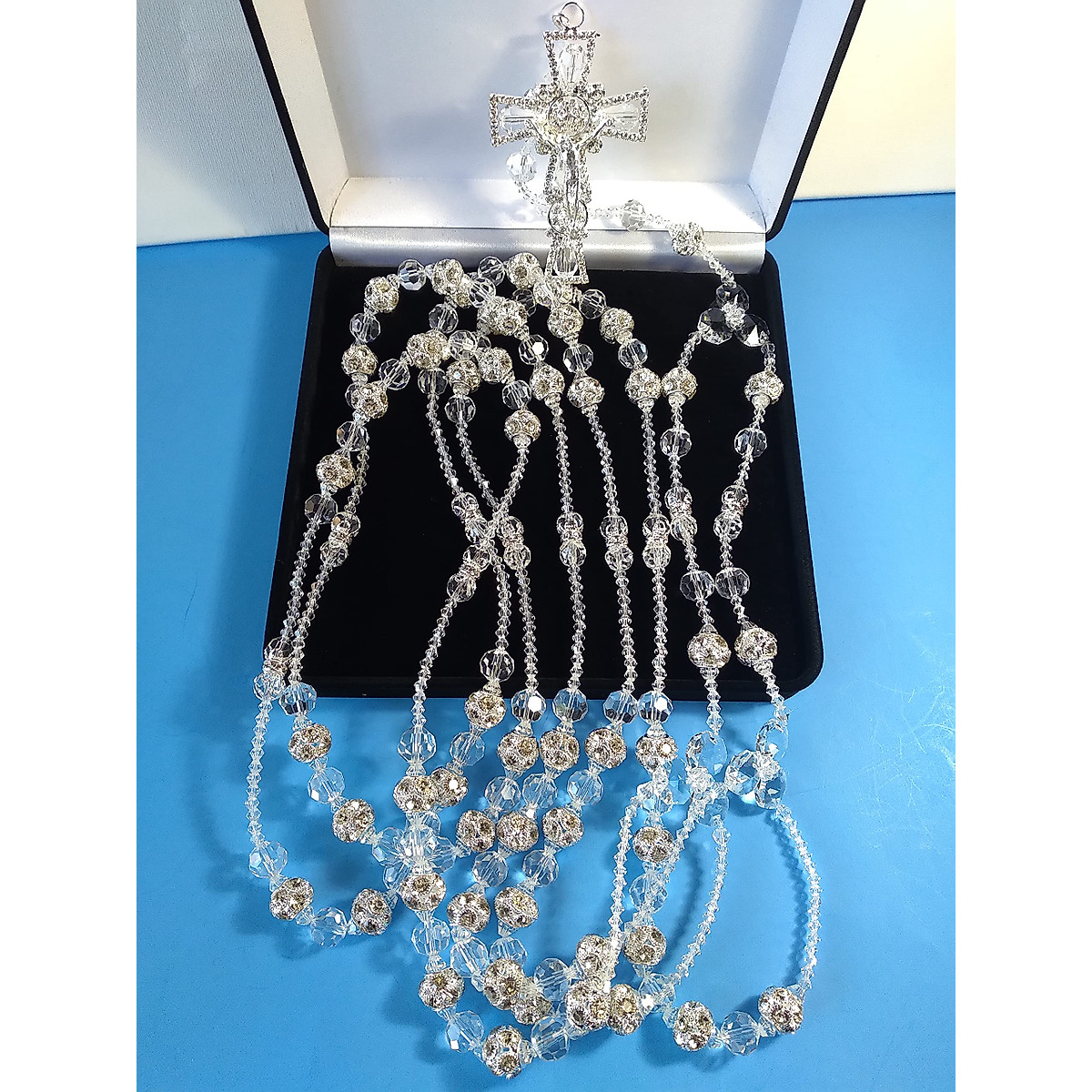 Wedding Lasso/Lasso para boda de Cristal fino Combinado con bola de rhigestone de 16 mm con Cristal Lasso Color Plata sin imagenes y Cruz catolica.