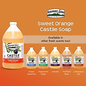 Vermont Pure Castile Soap Orange, Gentle Liquid Soap for Sensitive Skin & Natural Body Wash, Organic Hair Shampoo for Oily Hair, Aloe Castile Soap for Men & Women - 64 Oz