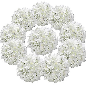 Flojery Silk Hydrangea Heads Artificial Flowers Heads with Stems for Home Wedding Decor,Pack of 10 (White)