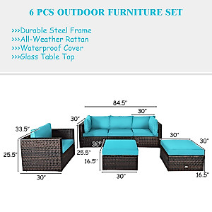Tangkula 6 Pieces Patio Rattan Sectional Furniture Set, Outdoor Wicker Conversation Set with Glass Coffee Table Sofa Ottoman, Wicker Sofa Set with Back & Seat Cushion for Backyard Garden (Turquoise)