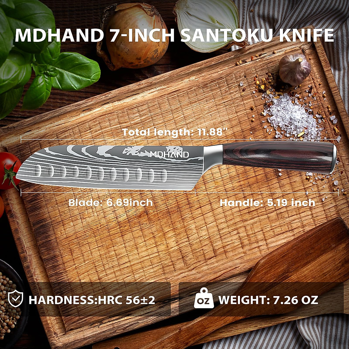 MDHAND 7" Santoku Knife – Ultra Sharp Japanese Chef Knife - Forged High Carbon German Stainless Steel Chopping Knife with Ergonomic Pakkawood Handle Design, Gifts for Women and Men